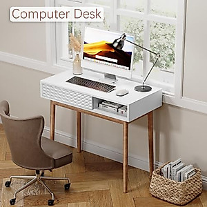 VOXANOXI Small Table for Bedroom, 40 inch White Writing Small Table with Drawer