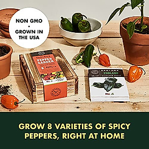 Pepper Seeds for Garden Planting - 8 Non-GMO Heirloom Pepper Seed Packets, Wood Gift Box & Plant Markers, DIY Home Gardening Gifts for Plant Lovers
