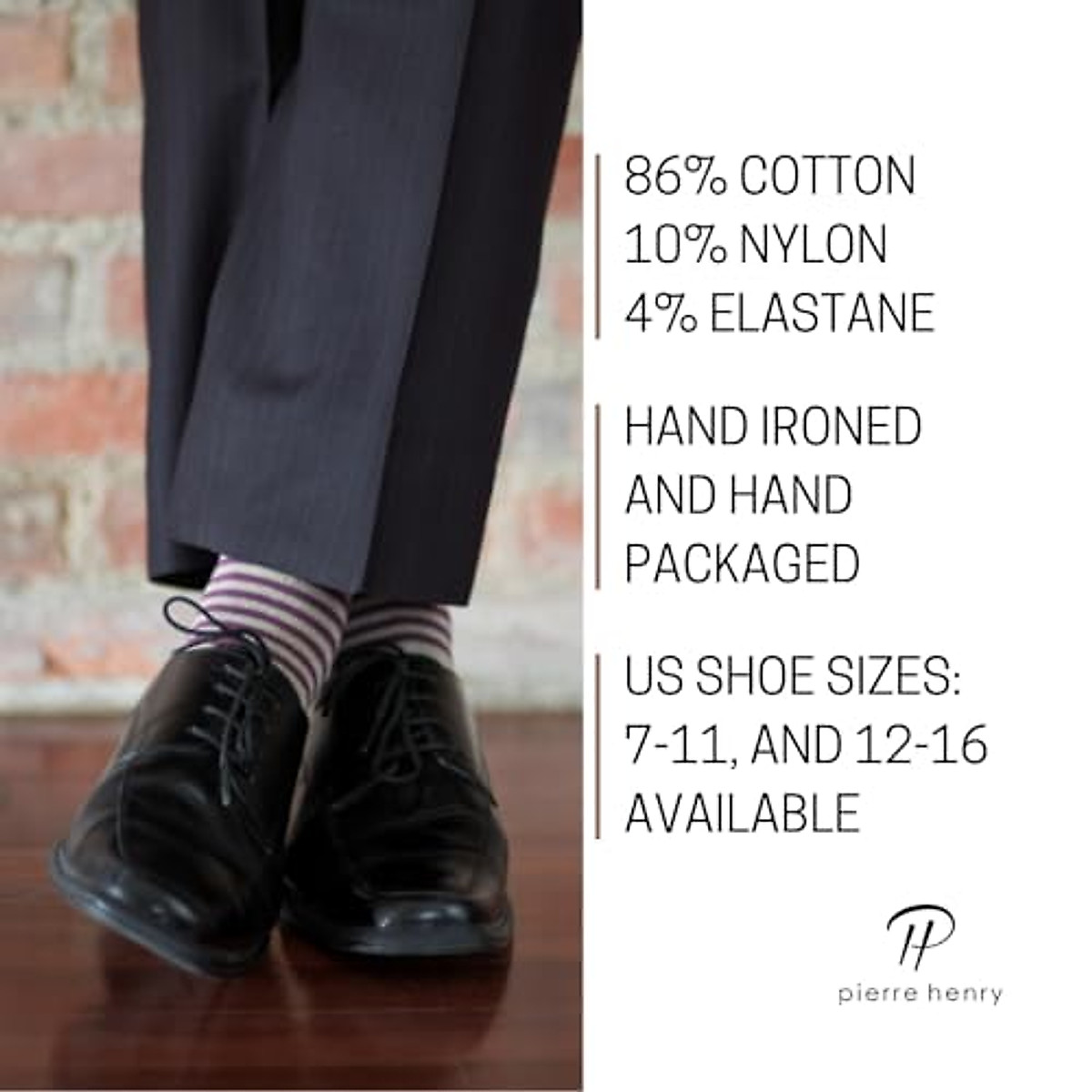 Pierre Henry Over the Calf Mens Dress Socks (9 Pairs) | Cotton Made, Long Socks, Wide Socks | Light Compression Socks for Men in Elegant Striped Patterns | Big and Tall Size (US Mens Shoe 12-16)