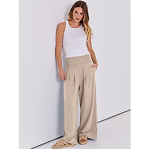 ANRABESS Women Linen Palazzo Pants Summer Boho Wide Leg High Waist Casual Lounge Pant 2025 Beach Travel Vacation Outfits Almond Large