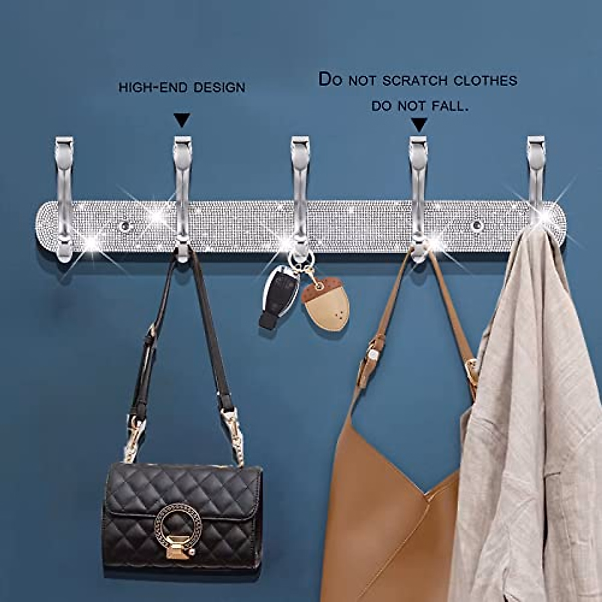 BlackFish Coat Rack Wall Mount,Shiny Silver Rhinestones Wall Mounted Coat Rack 5 Hooks,Key Hooks Decorative for Wall,Double Coat Hook Wall Hook Rack Suitable for Coat Hat Towel Purse Robes（1 Pcs