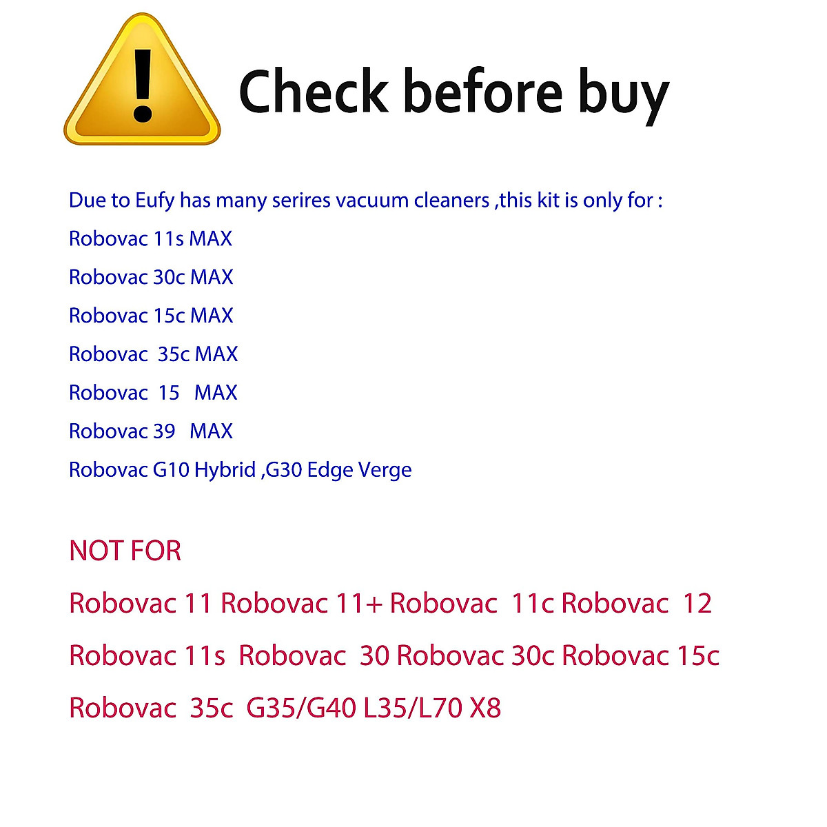 Replacement Parts for Eufy RoboVac 11S Max, Accessories Kit for RoboVac 15C Max 30C Max 35c Max 15t Max 39 Max Series G10 G20 G30 G32 Edge Verge Hybrid (NOT FOR G40 G35 L35 L70 X8)