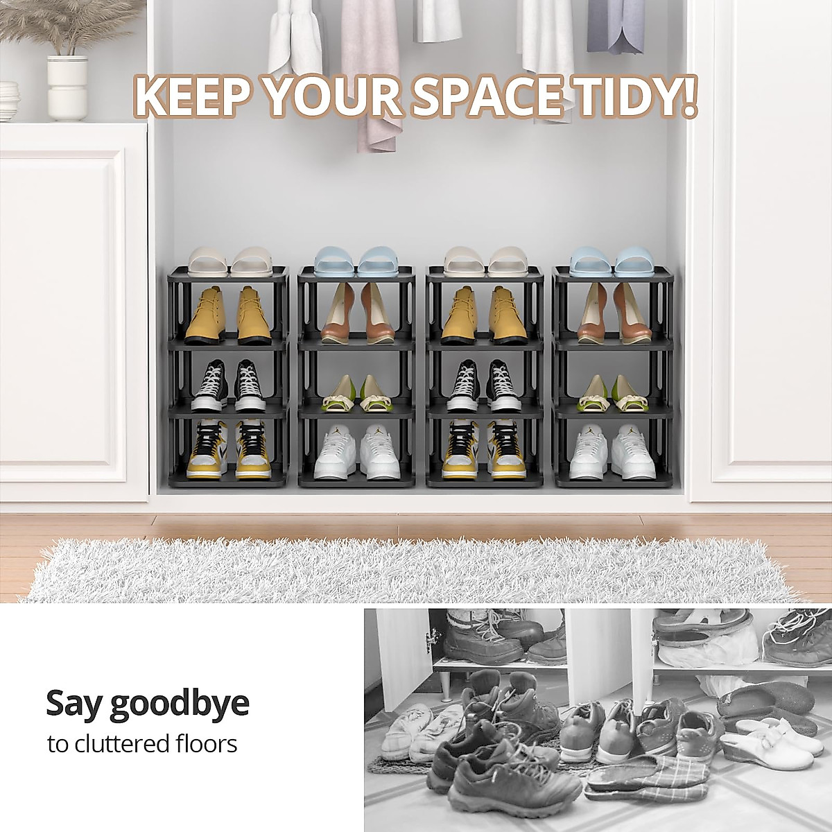 Small Shoe Rack for Closet - Free Standing Narrow Shoe Rack Organizer for Dedroom Dorm, Mini Stackable Shoe Rack Shelf for Entryway Garage Entrance, 4 Tier Vertical Black Shoe Cubby for Small Spaces