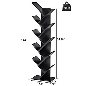 Hoctieon 10 Tier Tree Bookshelf, 10 Shelf Bookcase, Free Standing Tree Bookcase, Display Floor Standing Shelf for Books, Book Organizer Shelves for Home Office, Living Room, Bedroom, Black