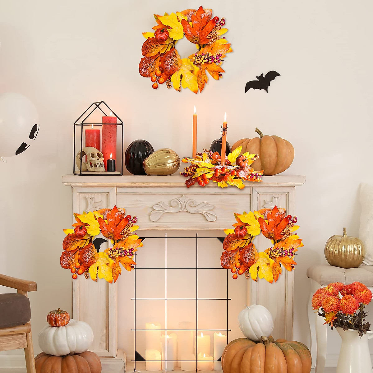 6 Pcs Fall Candle Rings Wreaths Thanksgiving Artificial Pumpkin Maple Leaf Candle Garland with Berries Candle Rings for Pillars Autumn Wedding Parties Centerpieces Fall Table Decor