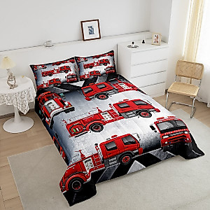 Manfei Fire Truck Comforter Set Twin Size Red Fire Engine Duvet Insert Cartoon Firemen Car Vehicle Bedding Set 2pcs for Kids Boys Teens Firefighter Transportation Dowm Comforter with 1 Pillowcase