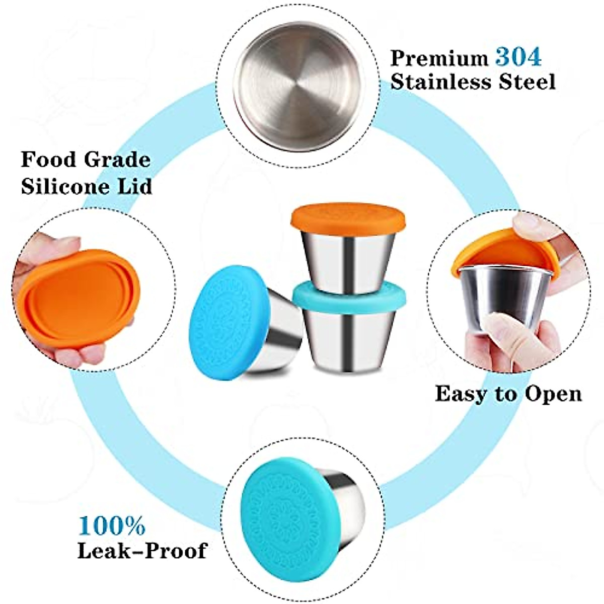 4 Pack 2.4 oz Salad Dressing Container To Go, Reusable Condiment Containers with Lids, Leakproof, Easy Open, Stainless Steel Small Dipping Sauce Cup Container with Premium Silicone Lids for Lunch