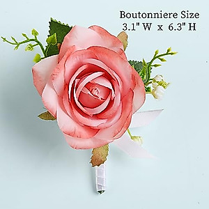 Helera Handmade Corsage and Boutonniere Set, Rose Wrist Corsage and Men Boutonniere for Wedding Party Prom Anniversary Homecoming Decorations (Pink)