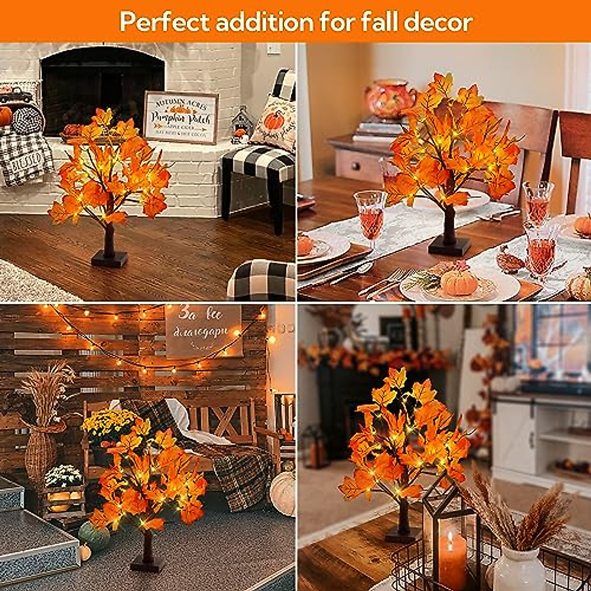 Woohaha 24LED Fall Tree Lighted Maple Tree,Thanksgiving Decoration Maple Leaf Table Tree,Timer Battery Operate Fall Decor Lights for Indoor Outdoor Holiday Autumn Harvest Xmas Party Home Decor