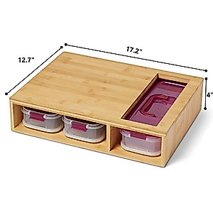 Bamboo Cutting Board with Containers-4 piece set-3 stack able containers with one purple lid-Food storage-Chopping/Dicing/Slicing-Meal Prep Station-Kitchen Essential-Space Saver