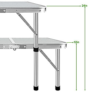 JUOIFIP Folding Camping Table Outdoor, 2 Adjustable Height Portable Folding Camping Table for Camp, Lightweight Aluminum Fold Up Camp Table for Picnic, BBQ, Party, Travel, Home Use. White
