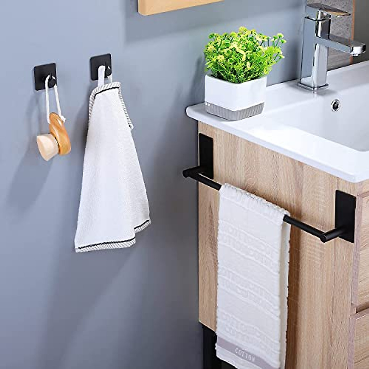Pomojonbi Towel Holder with 2 Packs Adhesive Hooks 16-Inch Hand Towel Rack Towel Hook Stick on Wall, Bathroom Hardware Black