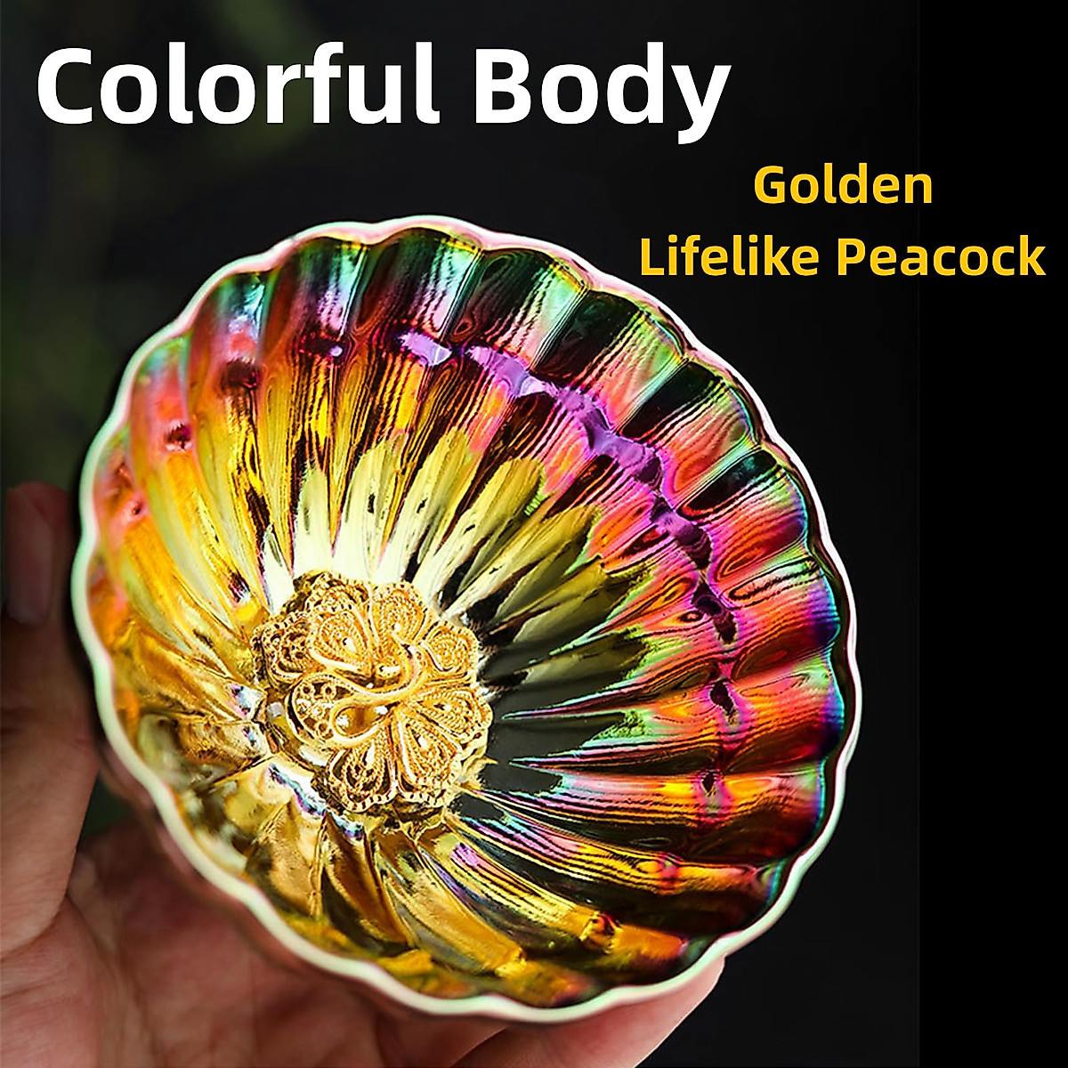 HOHCNA Jianzhan Tenmoku Tea Cup with Golden Peacock, 3D Chinese Kungfu Tea Cup Porcelain Master Teacup - 5 oz