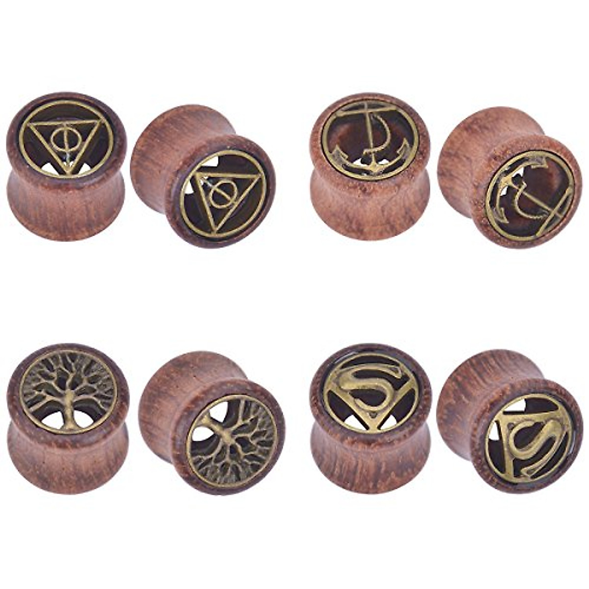 IPINK-4 Pairs Tree of Life Anchor Hallows Organic Wood Tunnels Double Flared Ear Stretcher Saddle Plugs Gauge 8mm - 20mm (4 Pairs of 14mm (9/16"))