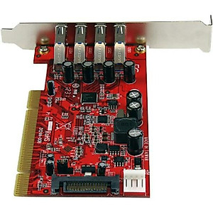 StarTech.com 4 Port PCI SuperSpeed USB 3.0 Adapter Card with SATA/SP4 Power, Quad Port PCI USB-A 3.0 (5Gbps) Controller Card, Red, Windows Only , TAA (PCIUSB3S4)