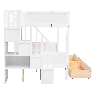 Harper & Bright Designs Twin Over Full Bunk Bed with Storage Staircase and 2 Drawers,Wood Bunk Bed Frame with 4 Storage Shelves for Kids Boys Girls Teens, No Box Spring Need,White