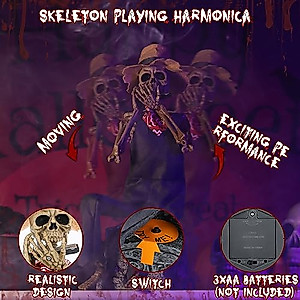 GOLDFENG Halloween Decorations Indoor Lighted Skeleton, Play Music Harmonica Cowboy Player Funny Skeleton Tabletop Collectible Figurines 12.5" H