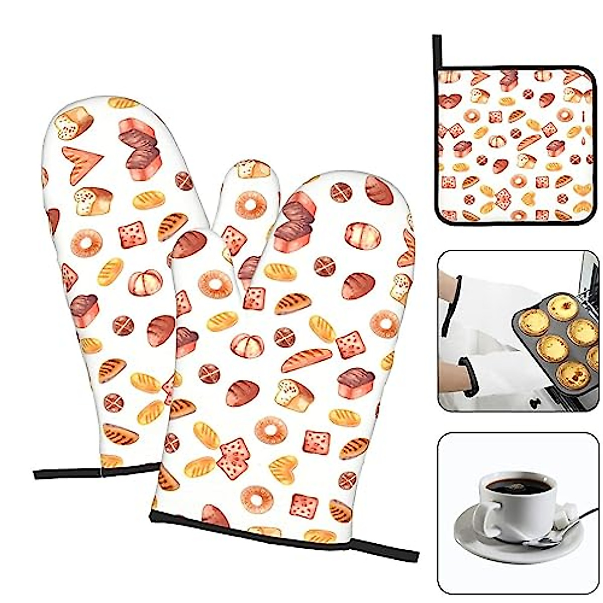 Painted Bread Oven Mitts and Pot Holders Sets 3pcs Heat Resistant Waterproof for Cooking Baking Grilling