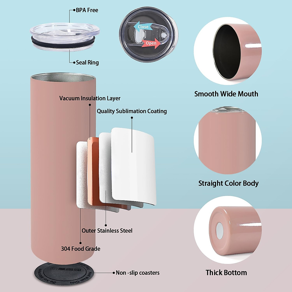 FECBK 20 oz Sublimation Tumblers Bulk 10 Pack Straight Skinny Tumblers Blanks with Lids and Straws Double Wall Stainless Steel Sublimation Tumbler Cups, Individually Box, Diy Gift, Macaron Color