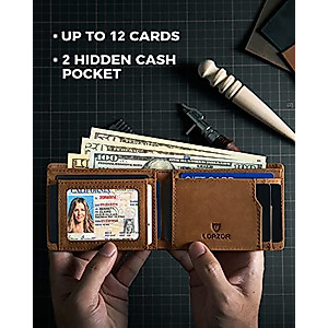 LORZOR AirTag Wallet - Bifold Full Grain Leather Mens Air Tag Wallet with AirTag Holder, RFID Blocking Minimalist Wallet for Men for Apple Air Tag, up to 11 Cards Gifts for Men