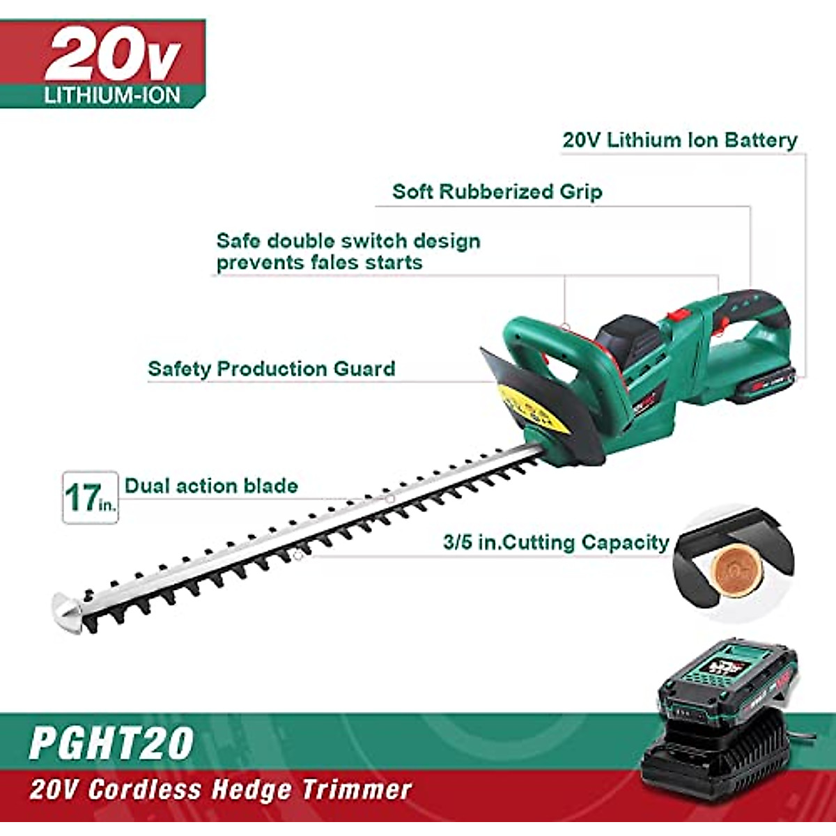 POSENPRO 20V Cordless Electric Hedge Trimmer,2.0Ah Batteries,17" Cutting Length,3/5" Cutting Capacity,1100 RPM,Easy Cut Lightweight Garden Handheld Cutter,Includes Battery,Charger Safety Blade Guard