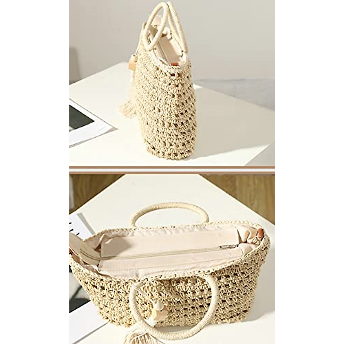 Straw Woven Handbag for Women Lightweight Casual Straw Crossbody Bag Purse Handmade Straw Tote with Tassel