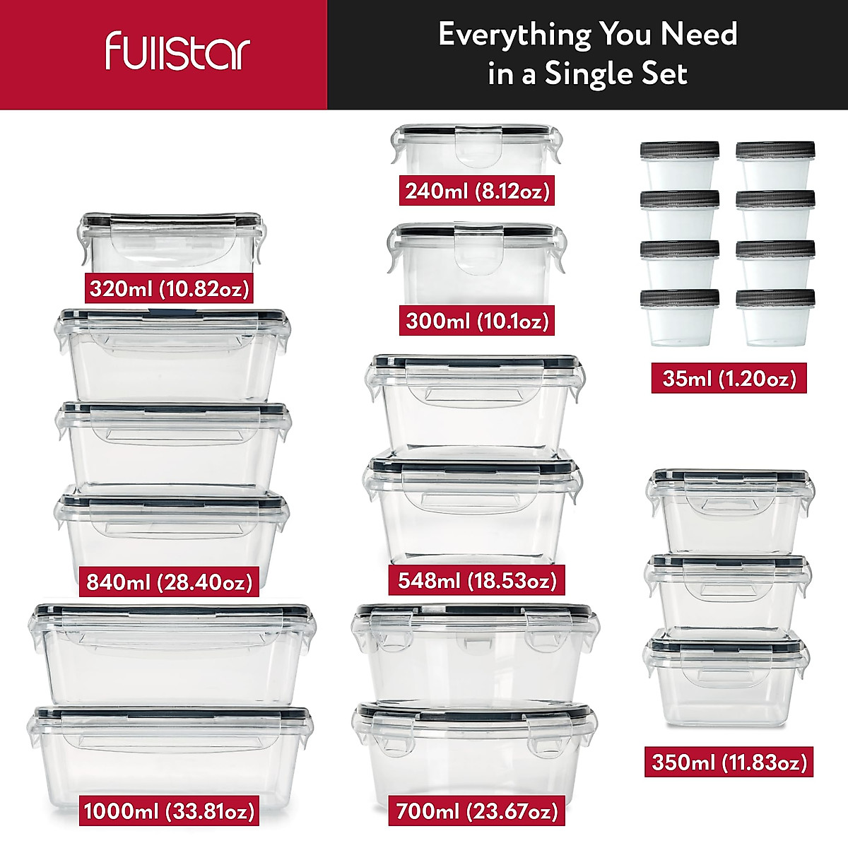 Fullstar 50-piece Food storage Containers Set with Lids, Plastic Leak-Proof BPA-Free Containers for Kitchen Organization, Meal Prep, Lunch Containers (Includes Labels & Pen)