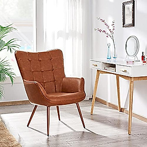 Topeakmart PU Leather Accent Chair, Modern Armchair with Tufted High Back, Oversized Vanity Chair Reading Chair for Living Room/Bedroom, Brown