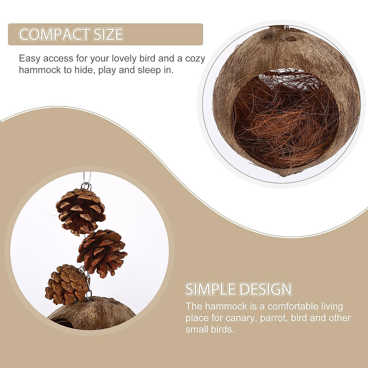 POPETPOP Coconut Bird Nest Natural Coconut Shell Hideaway Hanging Bird House Parrots Hide Hut Habitats Cage Accessory for Pet Budgies Parakeet Lovebird Finch Canary