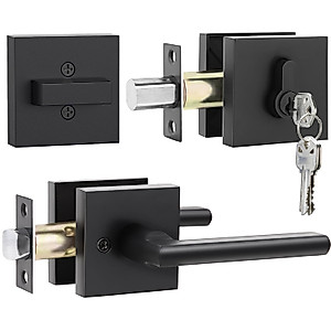 Exterior Door Lock Set, Ohuhu Heavy Duty Deadbolt Lock- Entry Door Locksets with Deadbolt Matte Black Front Door Handle Modern Contemporary Square Sleek Design Zinc Alloy