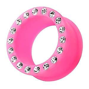 0 Gauge - 8MM Multi Crystal Stone Setting on Pink Soft and Flexible Silicone Double Flared Tunnels Ear Plugs - Sold by Piece