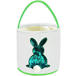 Jolly Jon Easter Bunny Basket Bag - Blue to Silver Sequin Colors - Kids Easter Egg Hunt Baskets - Color Changing Reusable Party Bags - Rabbit with Cotton Tail Canvas Tote