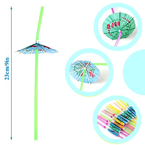 QUMENEY 100PCS Umbrella Drinking Straws, Plastic Party Drink Straws, Tropical Hawaiian Flexible Bendy Cocktail Straws Beach Luau Bar Birthday Decorations Supplies for Drinkware