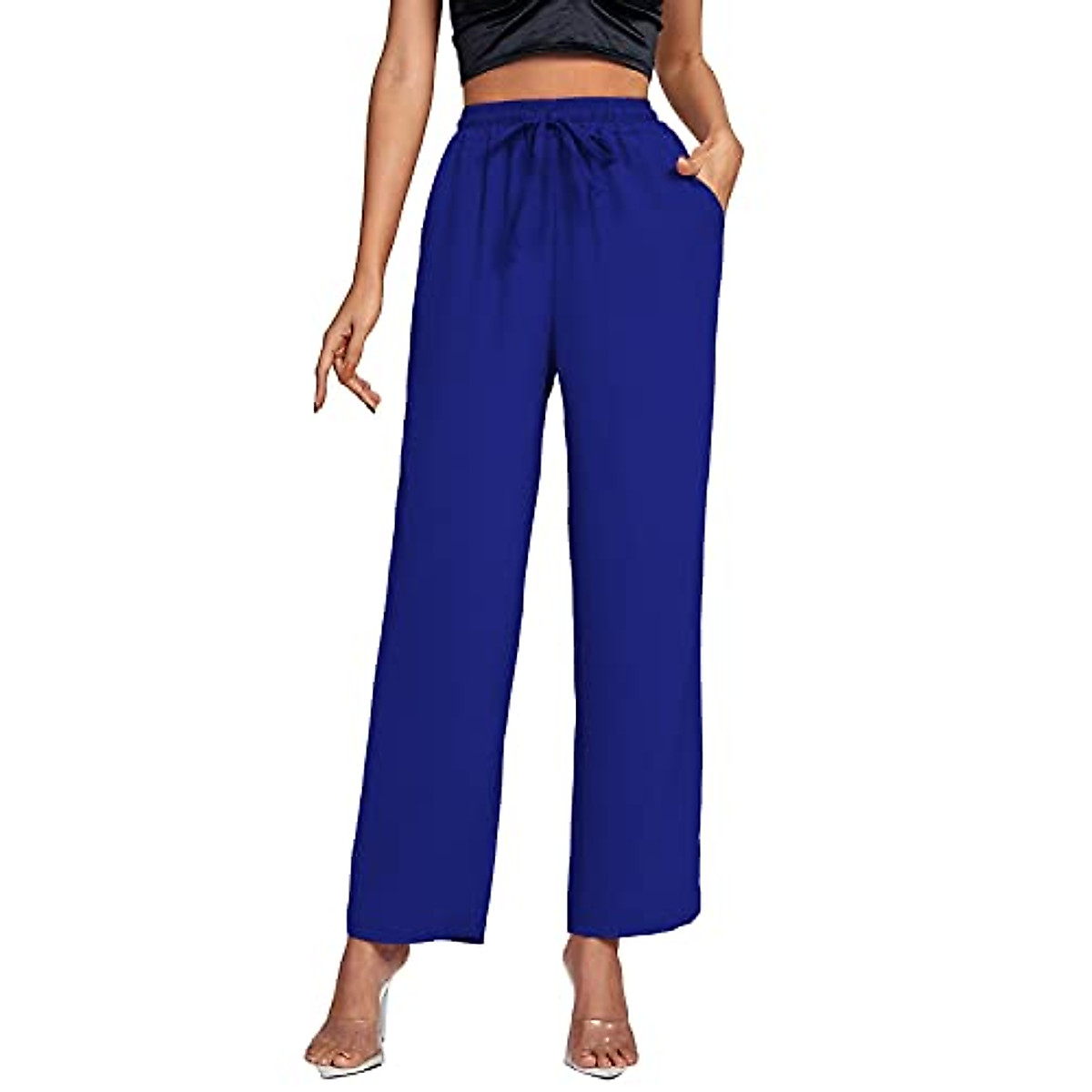 Umenlele Women's Casual Drawstring Elastic High Waist Pants Sport Yoga Jogger Trousers with Pockets Royal Blue Medium