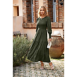 PRETTYGARDEN Women 2024 Puff Long Sleeve Crewneck Smocked Maxi Dress Solid Empire Waist Tiered A-line Swing Flowy Long Dress(Army Green,X-Large)