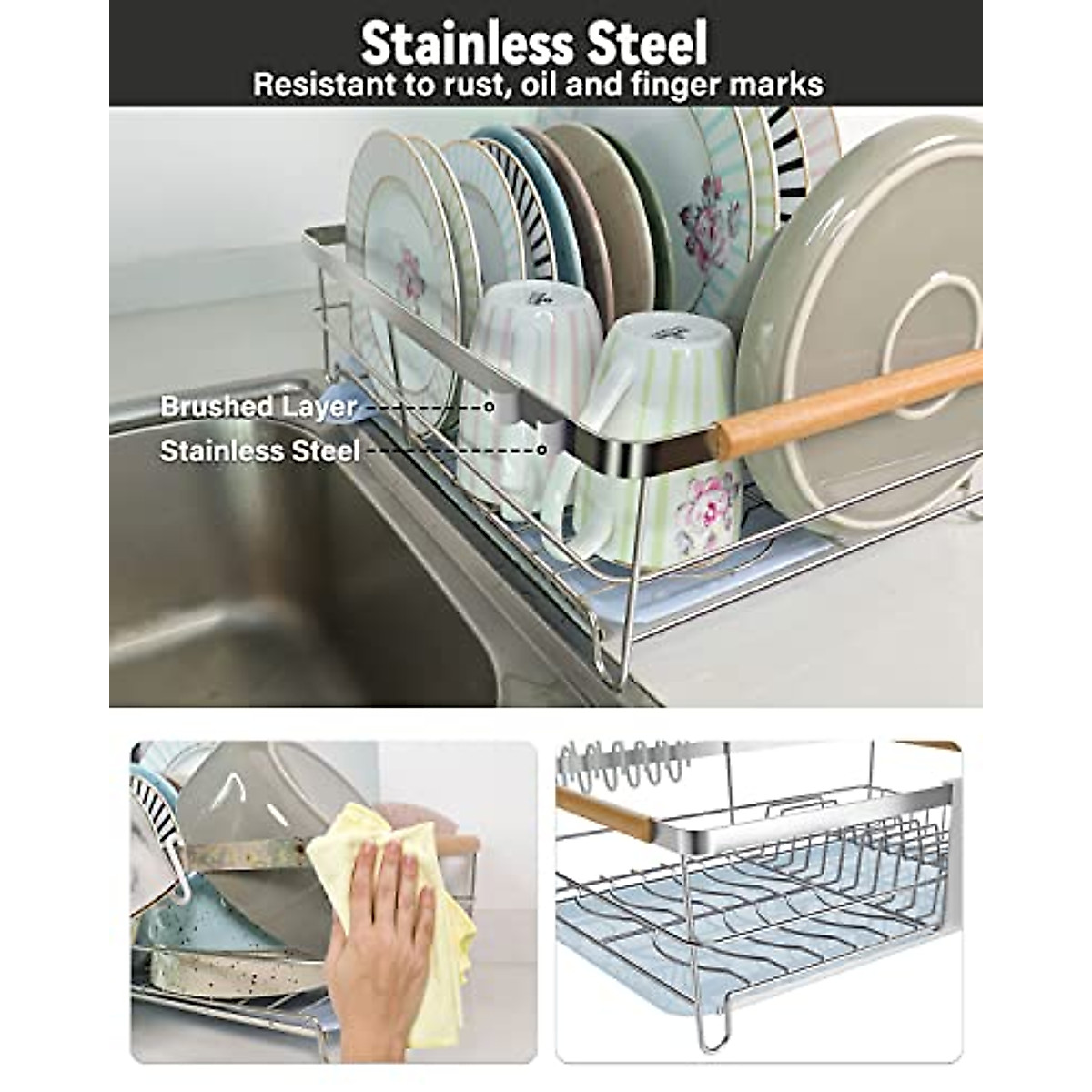 FLIORS Dish Drying Rack Stainless Steel, Dish Racks for Ditchen Counter, Rotating Spout, Detachable Draining Board, Scratch Proof, Rust Proof, Dish Rack for Cups, Cutlery and Cutting Boards