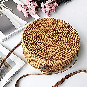 Hossejoy Handwoven Round Rattan Bag Shoulder Leather Straps for Women