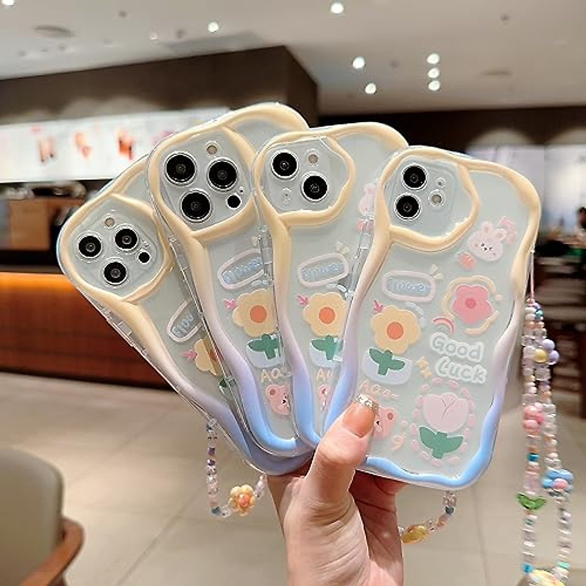 ZSYTZL Compatible with iPhone 13 Pro Max Case Cute Clear Floral Pattern for Design Aesthetic Women Teen Girls with Flower Colorful Bracelet Chain Kawaii Protective Phone Case for iPhone 13 Pro Max