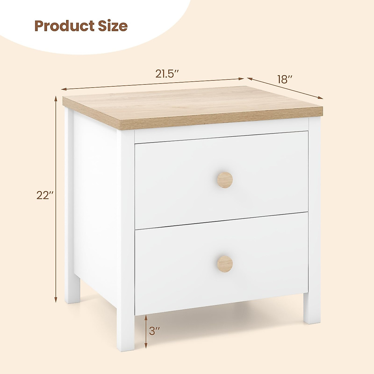 Giantex Night Stand with 2 Drawers, Farmhouse Bedside Table with Cute Round Knobs, Wooden Floor End Table with Rubber Wood Legs, Small Sofa Side Table for Small Space Kids Bedroom College, White