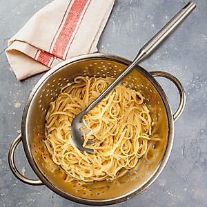 Patelai 2 Pcs Stainless Steel Pasta Spoon with Teeth Large Spaghetti Spoon Utensil, 9.4'' Pasta Tong and 13.6'' Pasta Fork with Vacuum Handle, Comfortable Grip Design Spoons for Kitchen(Silver)