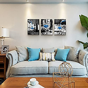 Canvas Wall Art For Kitchen Wall Decor For Dining Room Black And White Wine Glasses Painting Modern Blue Wine Canvas Art Prints Ready To Hang Pictures For Restaurant Home Decorations 12"X16" 3 Pieces
