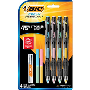BIC Break-Resistant Mechanical Pencils with Erasers, No. 2 Medium Point (0.7mm), 4-Count Pack for School or Office Supplies