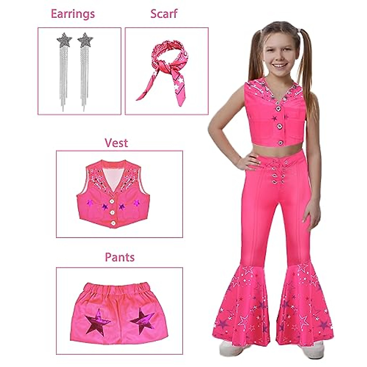 Hitormoon Pink Cowgirl Costume for Girls,70s 80s Hippie Disco Outfits for Kids, Halloween Cosplay Costume with Accessories Scarf Earrings HN009M