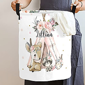 Woodland Animals Boho Floral Personalized Laundry Basket Clothes Hamper with Handles Waterproof,Custom Collapsible Laundry Storage Baskets for Bedroom,Bathroom Decorative Large Capacity