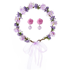 Purple Flower Headpiece with Clip On Earrings Flower Crown Headband for Women Halloween Costume Accessories for Isabella