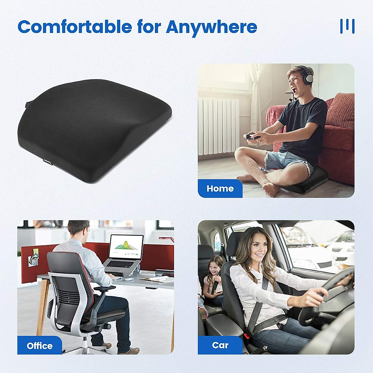 Tsumbay Comfort Seat Cushion for Office Chair - Ergonnomic 100% Memory Foam Firm Coccyx Pad - Relieve Back Pressure - Washable & Breathable Cover - for Car Seat/Computer Chair/Wheelchairs