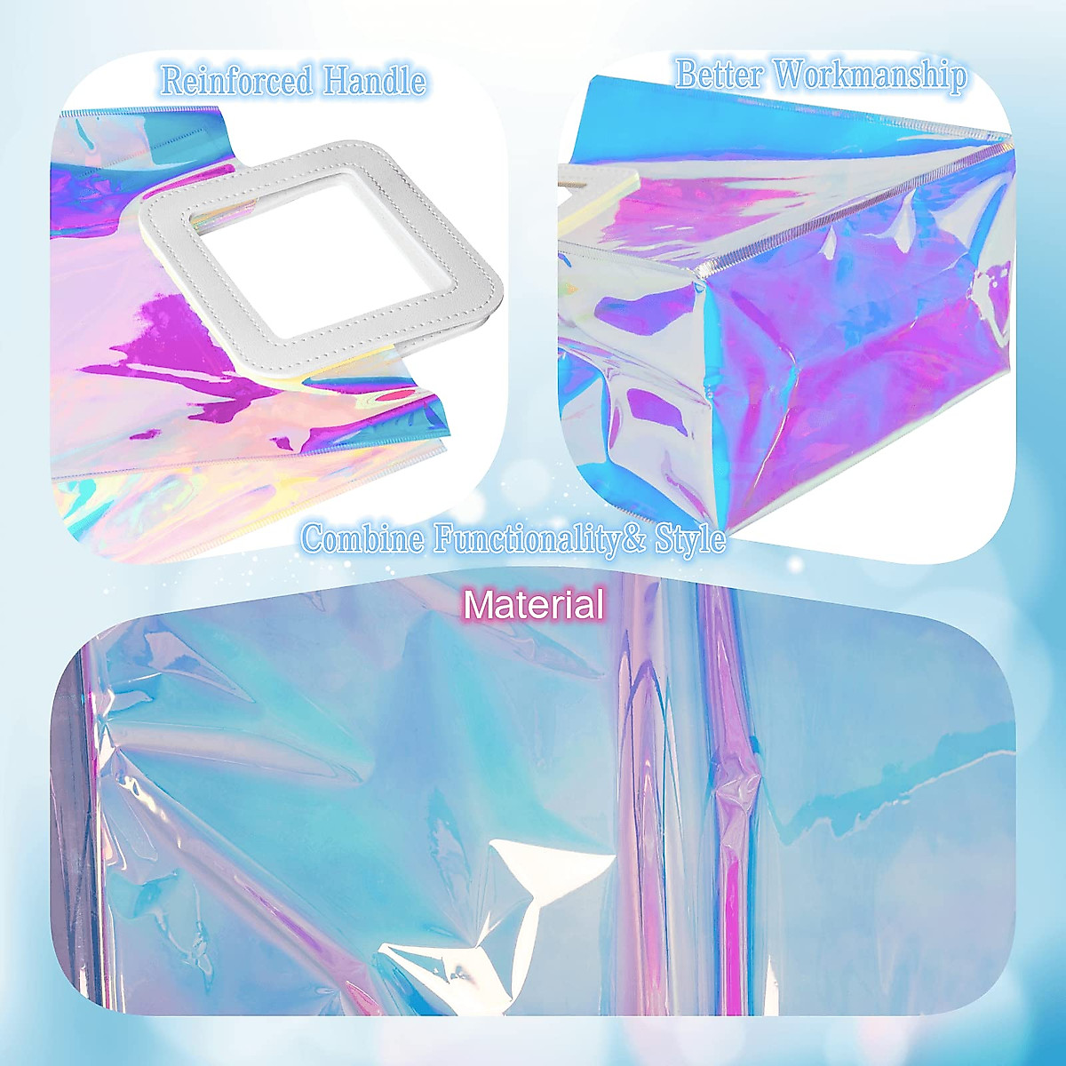 Holographic Small Gift Bags 2 Pack 7.9 * 7.1 * 3.9 Inch with Handles for Women, Girls, Birthday, Christmas, Bachelorette Party Favors, Shopping Reusable Clear Gift Wrap Bag