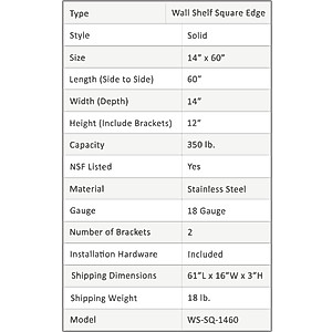 AmGood 14" x 60" Stainless Steel Wall Shelf | Appliance & Equipment Metal Shelving | Kitchen, Restaurant, Garage, Laundry, Utility Room | Heavy Duty | Squared Edge | NSF Certified