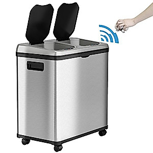 iTouchless 16 Gallon Touchless Trash Can and Recycle Bin Combo Unit with AC Adapter, Stainless Steel Automatic Sensor Kitchen Garbage Receptacle, 2 X 8 Gallon Removable Buckets with Handles