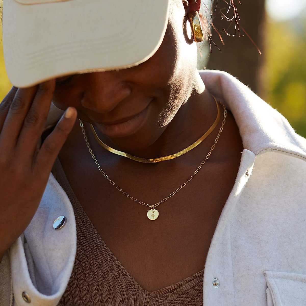 STORYJEWELLERY Gold Layered Necklaces for Women, Birth Flower Necklace, 18K Gold Plated layering Herringbone Snake Paperclip Chain Coin Choker Pendant Jewelry Gifts for Women, Dainty Gold Necklace Set